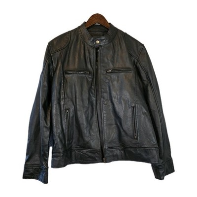 Real Leather Jacket Men XL Black Cafe Racer Zip Pockets Motorcycle ...