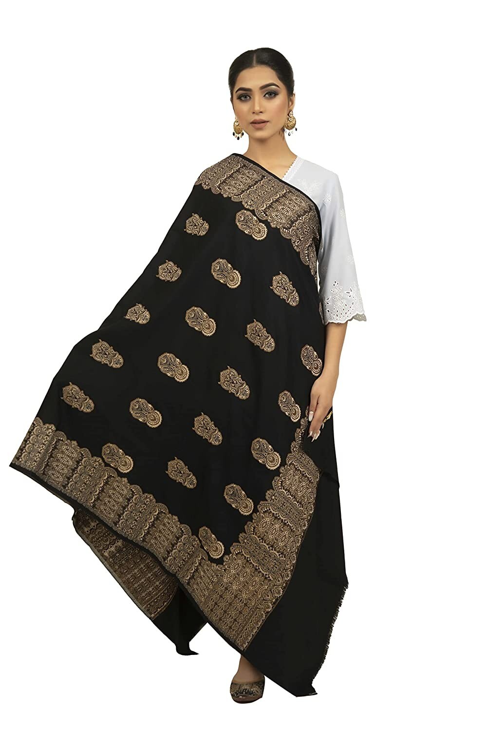 Womens' Jamavar Warm and Thick Paisely Motif Shawl Stole Wrap Black | eBay