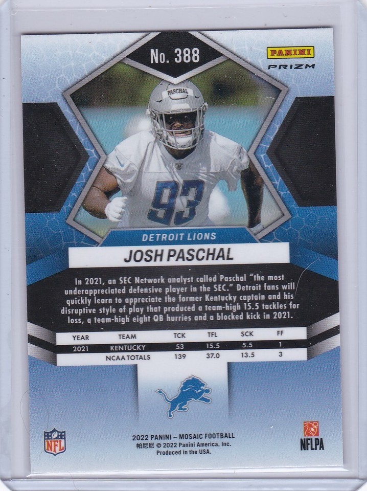 2022 MOSAIC JOSH PASCHAL ROOKIE #388 ORANGE PRIZM REACTIVE RC DETROIT ...