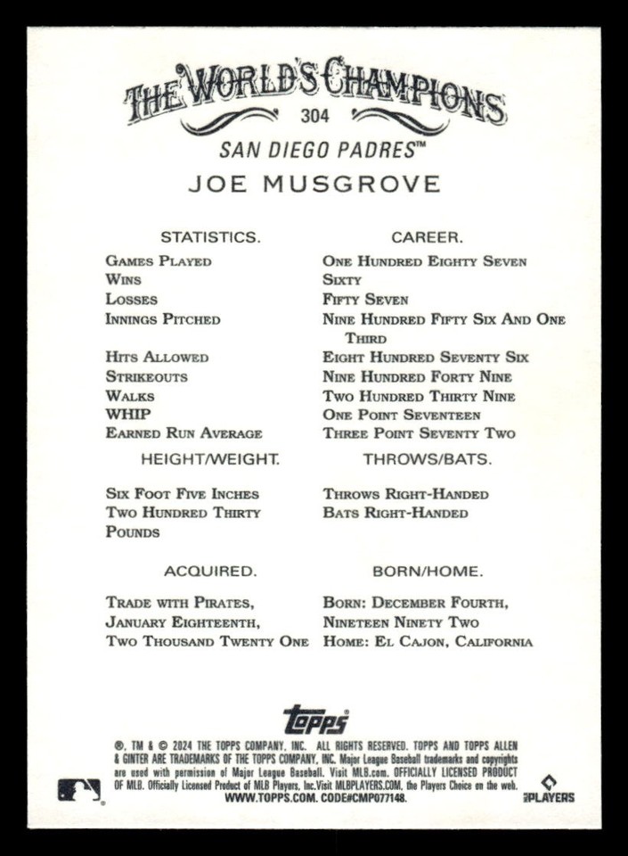 2024 Topps Allen & Ginter - #304 Joe Musgrove - San Diego Padres | eBay