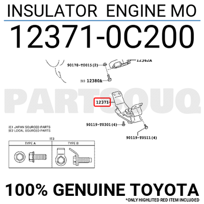 123710C200 Genuine Toyota INSULATOR ENGINE MO 12371-0C200 | eBay