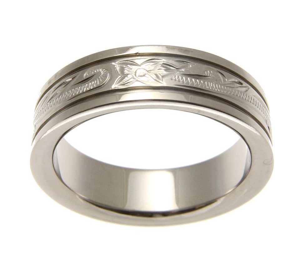 TITANIUM HAND ENGRAVED HAWAIIAN PLUMERIA SCROLL BAND RING SMOOTH EDGE ...