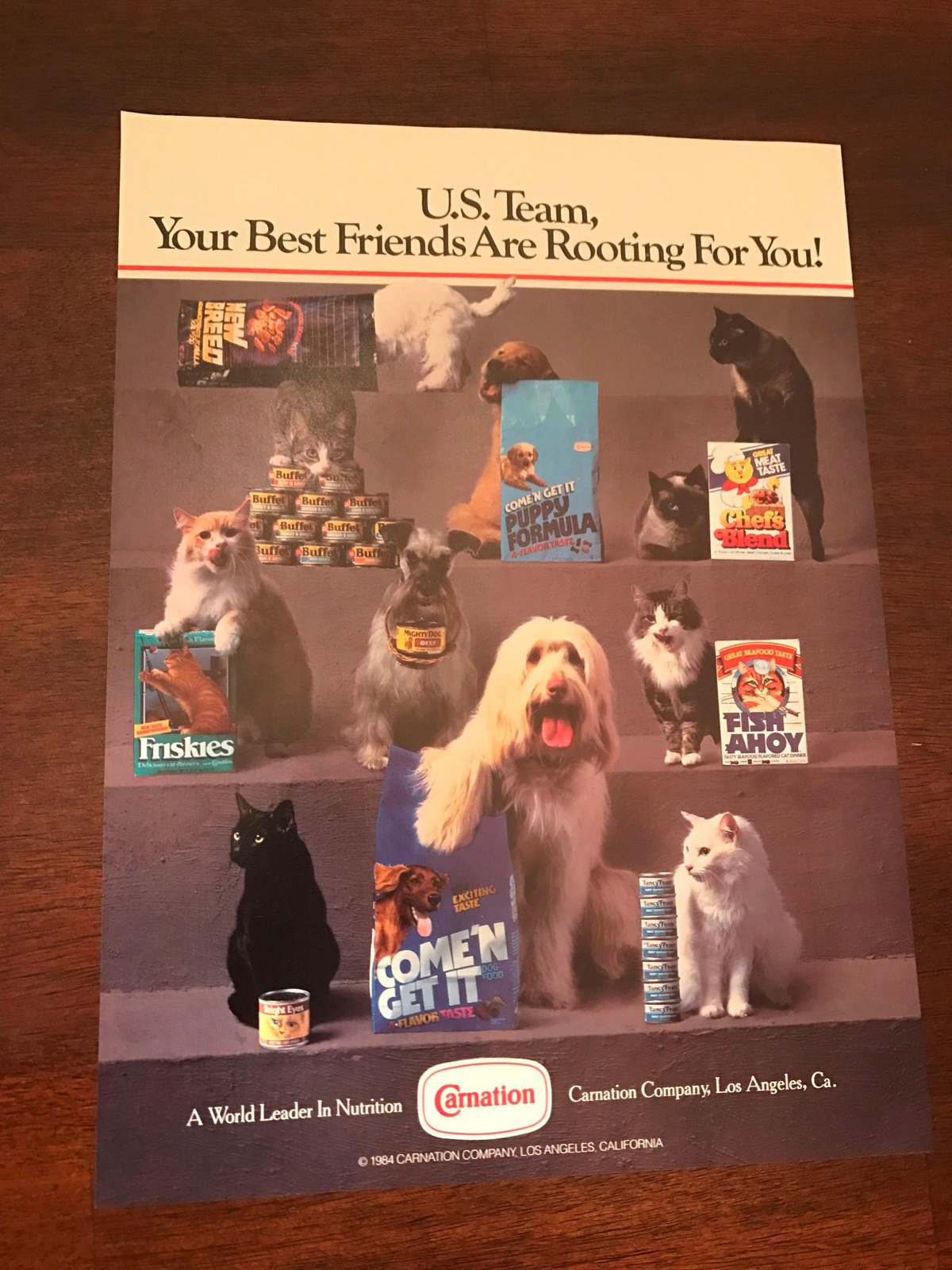 1984 VINTAGE PRINT Ad CARNATION DOG/CAT FOOD OLYMPIC TEAM PETS ROOTING ...