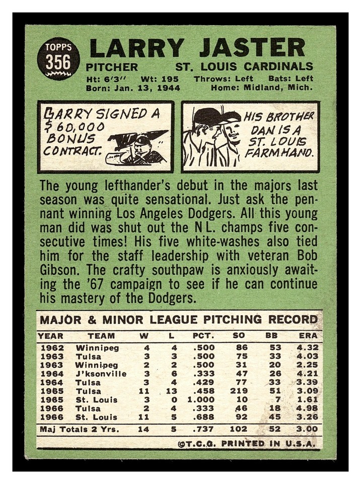 1967 TOPPS LARRY JASTER #356 ROOKIE CARD ST LOUIS CARDINALS MID GRADE ...