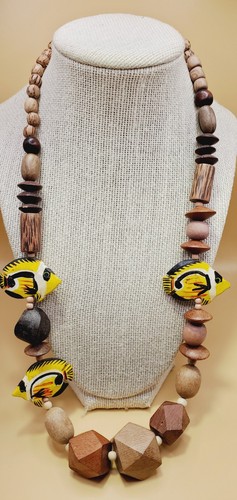 VTG 26" Chunky Wood with Yellow Fish and Brown Tones Beaded Necklace | eBay