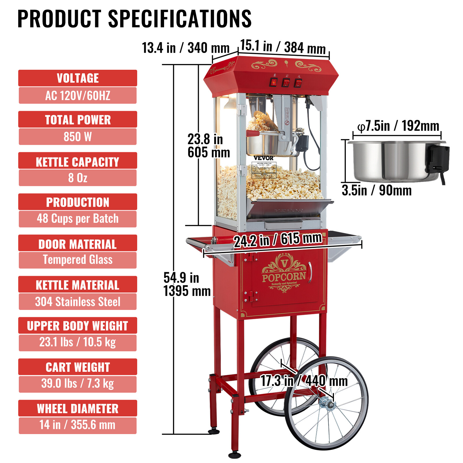 VEVOR Popcorn Popper Machine 8 Oz Popcorn Maker with Cart 850W 48 Cups ...