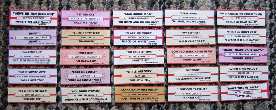 LARGE LOT OF 166 ORIGINAL JUKEBOX STAR TITLE STRIPS - mostly 60's - 70 ...