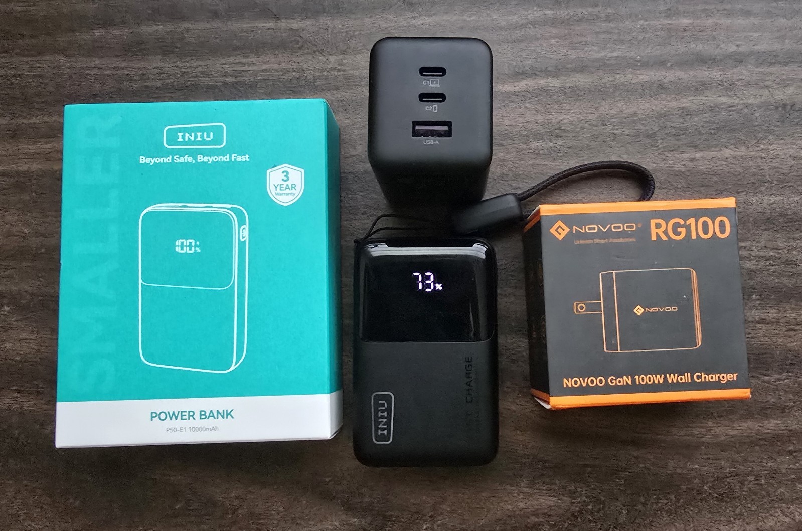 INIU 10000mAh 45w Power Bank p50 e1 and NoVoo RG100 100w USB C charger ...
