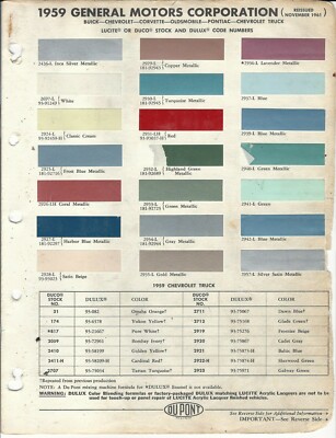 1959 CHEVROLET PONTIAC OLDSMOBILE BUICK CORVETTE PAINT CHIPS DUPONT | eBay