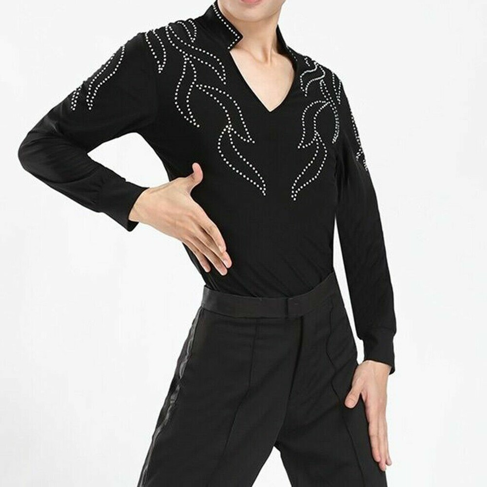 Men Latin Salsa Dance Skating Clothing Costume Long Sleeve Stretch Top ...