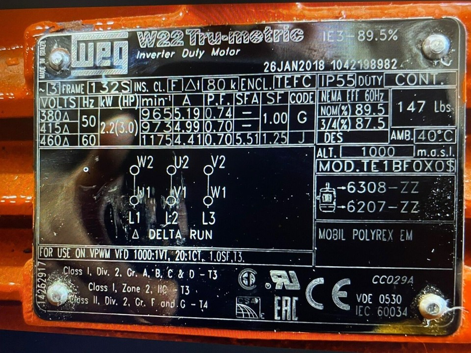 Weg 3 HP Metric Motor, 3-phase, 1175 rpm, 460 Volt, 132S Frame, TEFC | eBay