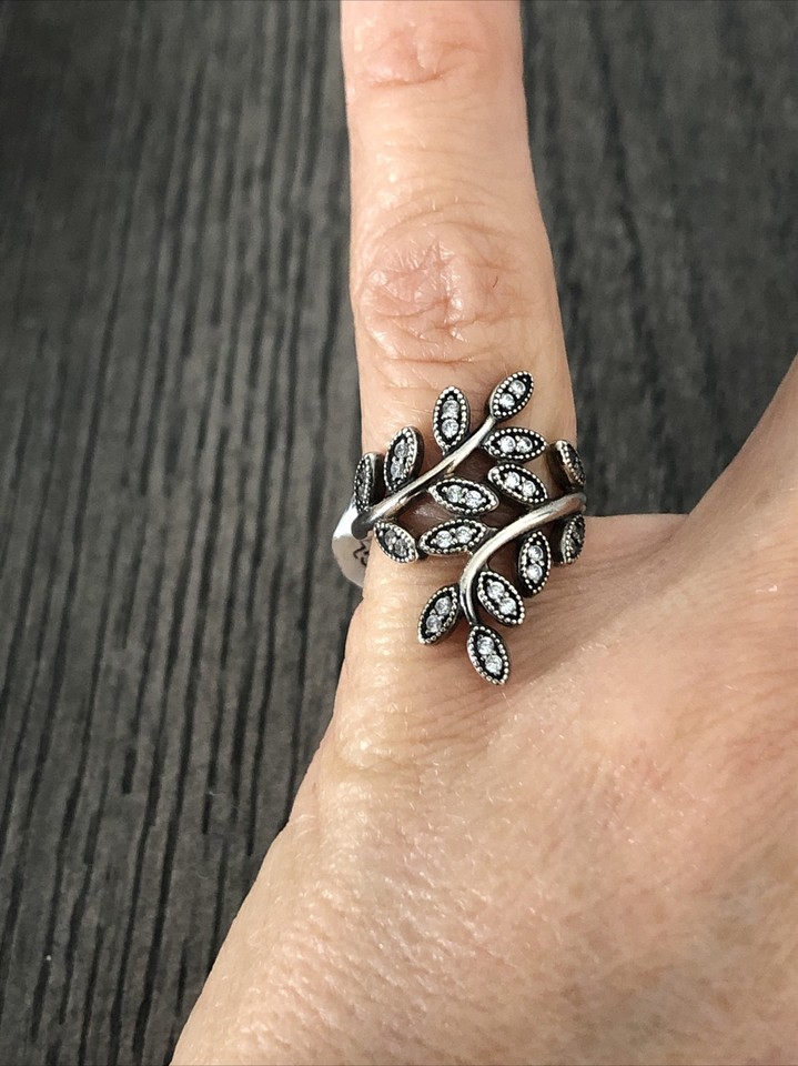 Authentic PANDORA Sterling Silver Sparkling Leaves Clear Ring Sz 4.5 ...
