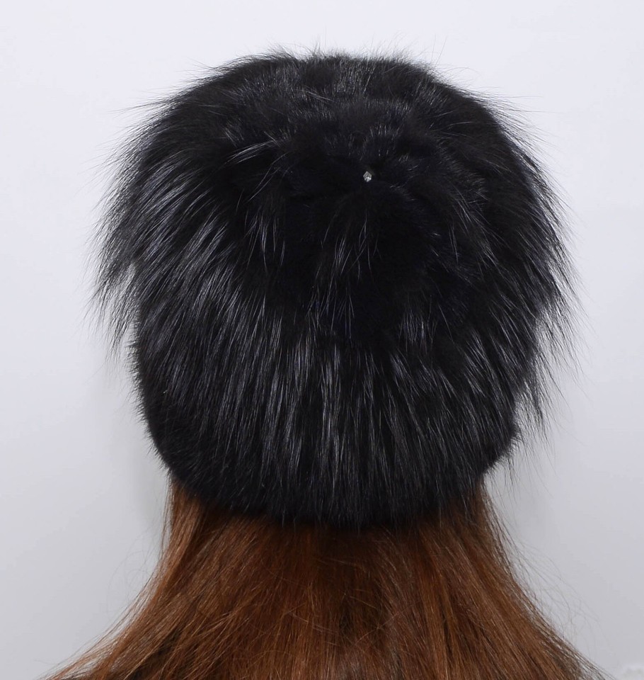 Womens Real Mink Fur Hat with Silver Fox Knit Winter Fur Hat Luxury ...