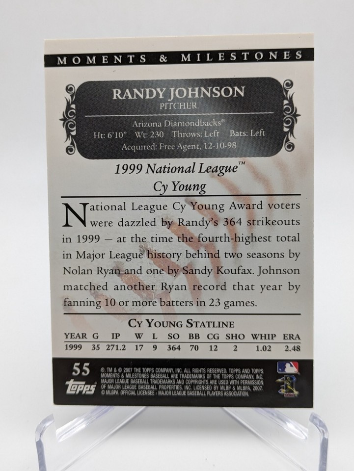 💥Randy Johnson 2007 Topps Moments & Milestones 19 Strikeouts SP #11/29 ...