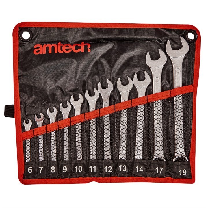 11 PIECE COMBINATION SPANNER SET AMTECH TOOLS STORAGE POUCH 6MM - 19MM ...