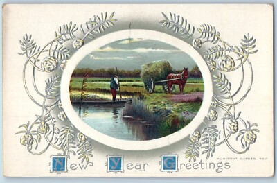 Monotint Postcard New Year Greetings Farming Scene Horse Wagon Hay ...