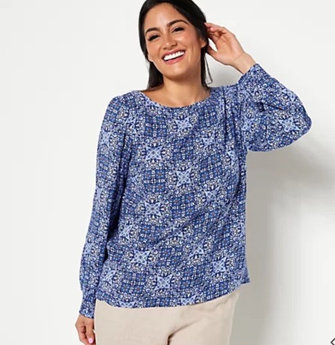 Denim & Co. Abstract Printed Wide Neck Blouse Cuff Periwinkle XL ...