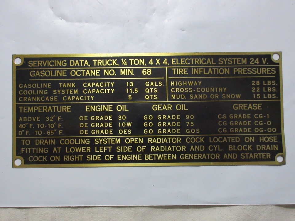 Original NOS Brass Data Plates for Willys M38 Military Jeep G740 | eBay