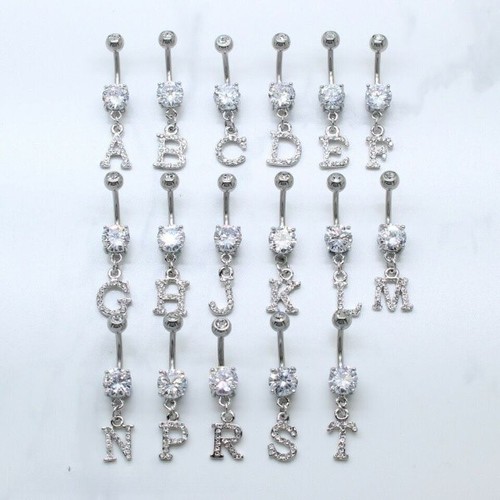 DIAMOND SIMULATED INITIAL ALPHABET LETTER BELLY BUTTON NAVEL BAR SILVER ...