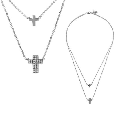 Sterling Silver Double Chains Necklace w/ CZ Stones Cross Pendants | eBay