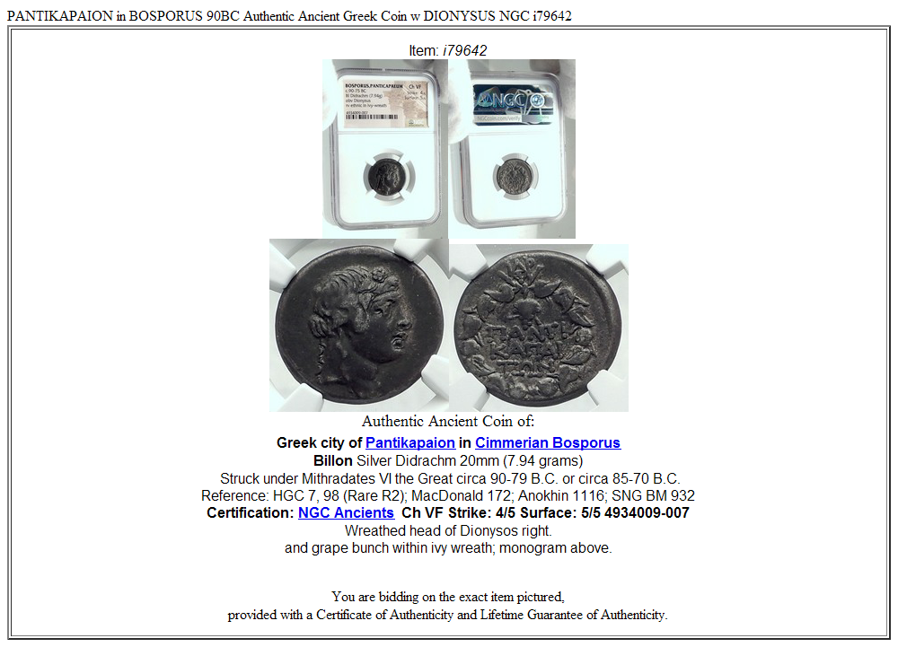 PANTIKAPAION in BOSPORUS 90BC Authentic Ancient Greek Coin w DIONYSUS ...