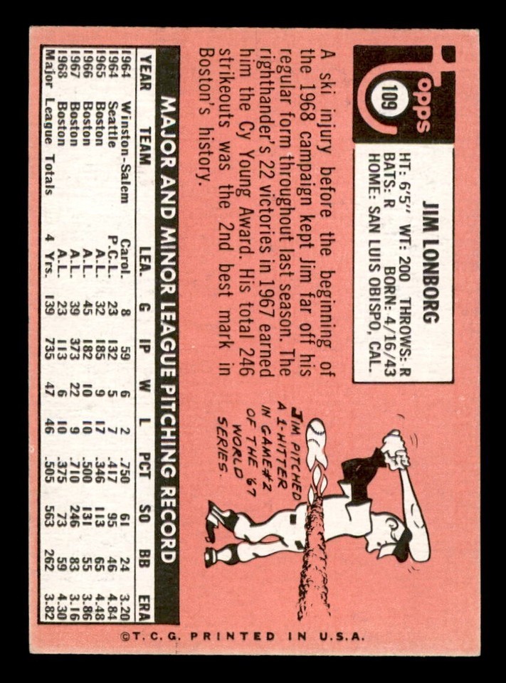 1969 Topps Baseball #109 Jim Lonborg VG/EX *e1 | eBay