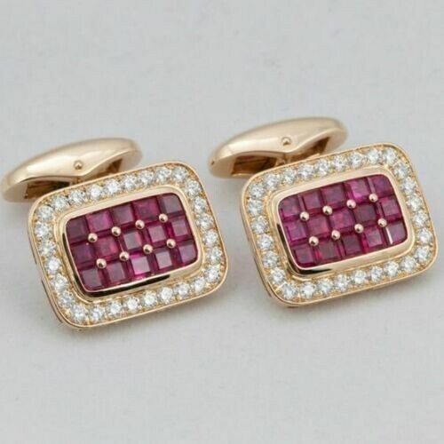 2 Ct Princess Simulated Red Ruby Halo Cufflinks For Men's 14K Yellow ...