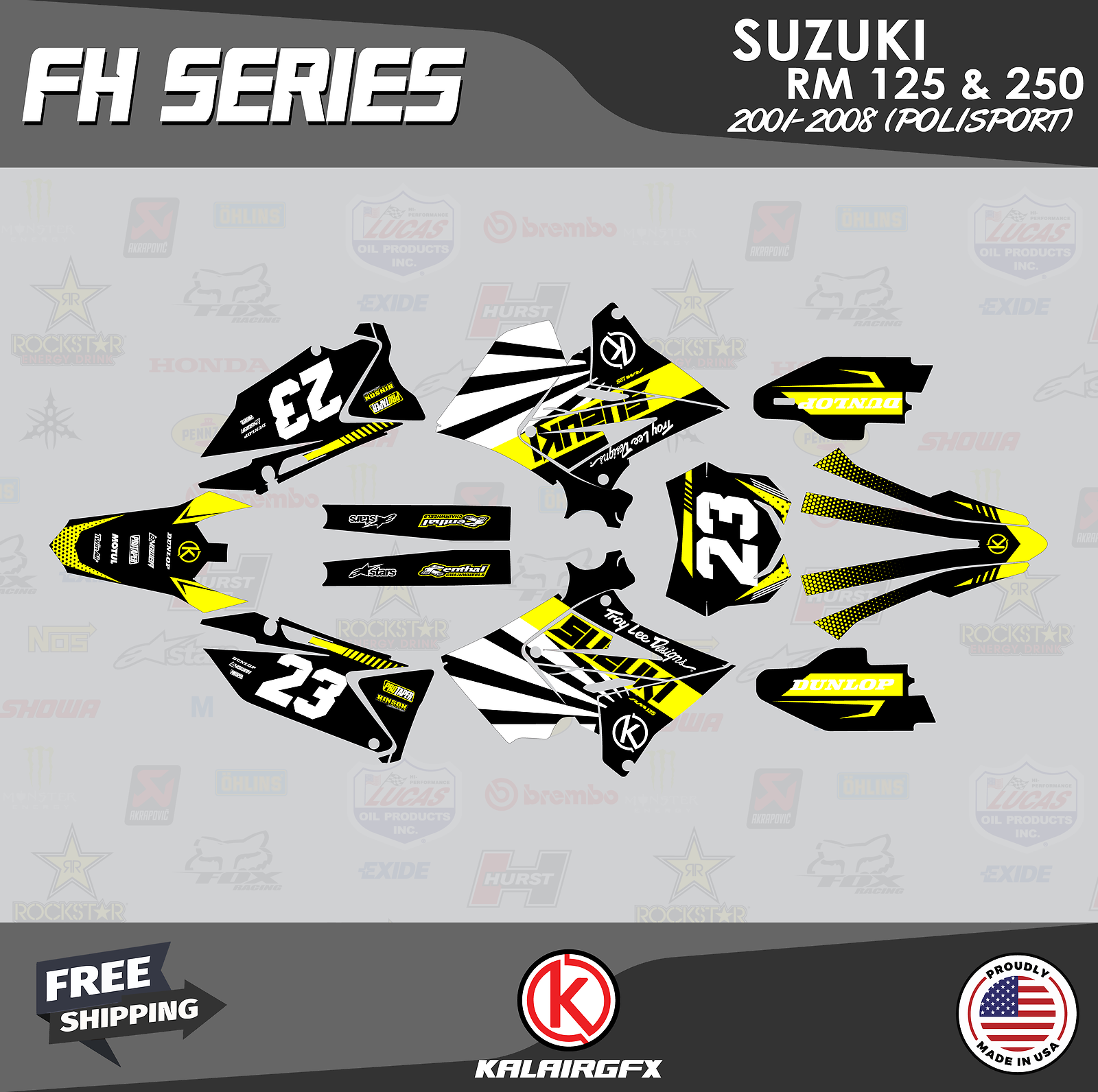Graphics Kit for SUZUKI RM125 250 2001-08 POLISPORT RESTYLE FH-yellow ...
