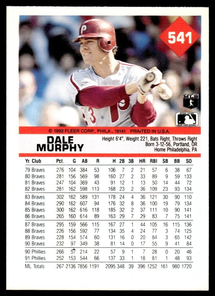 1992 Fleer Dale Murphy Philadelphia Phillies #541 | eBay