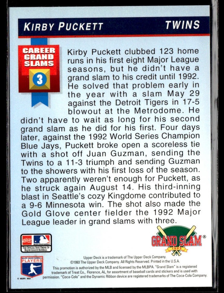1993 Upper Deck Denny's Grand Slam Holograms #26 Kirby Puckett Card ...