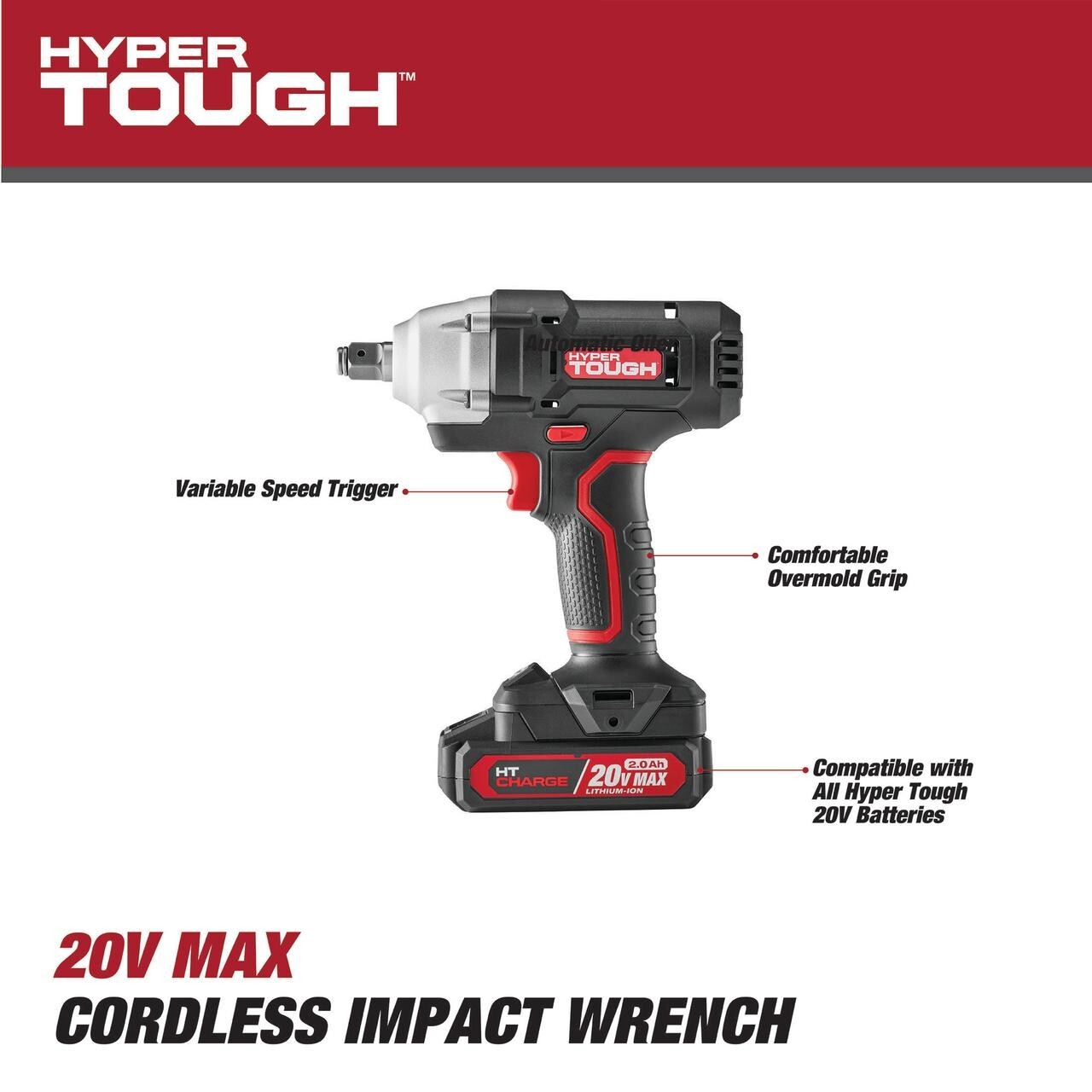 Hyper Tough 20V Cordless 1/2-inch Impact Wrench, Variable Speed Trigger ...