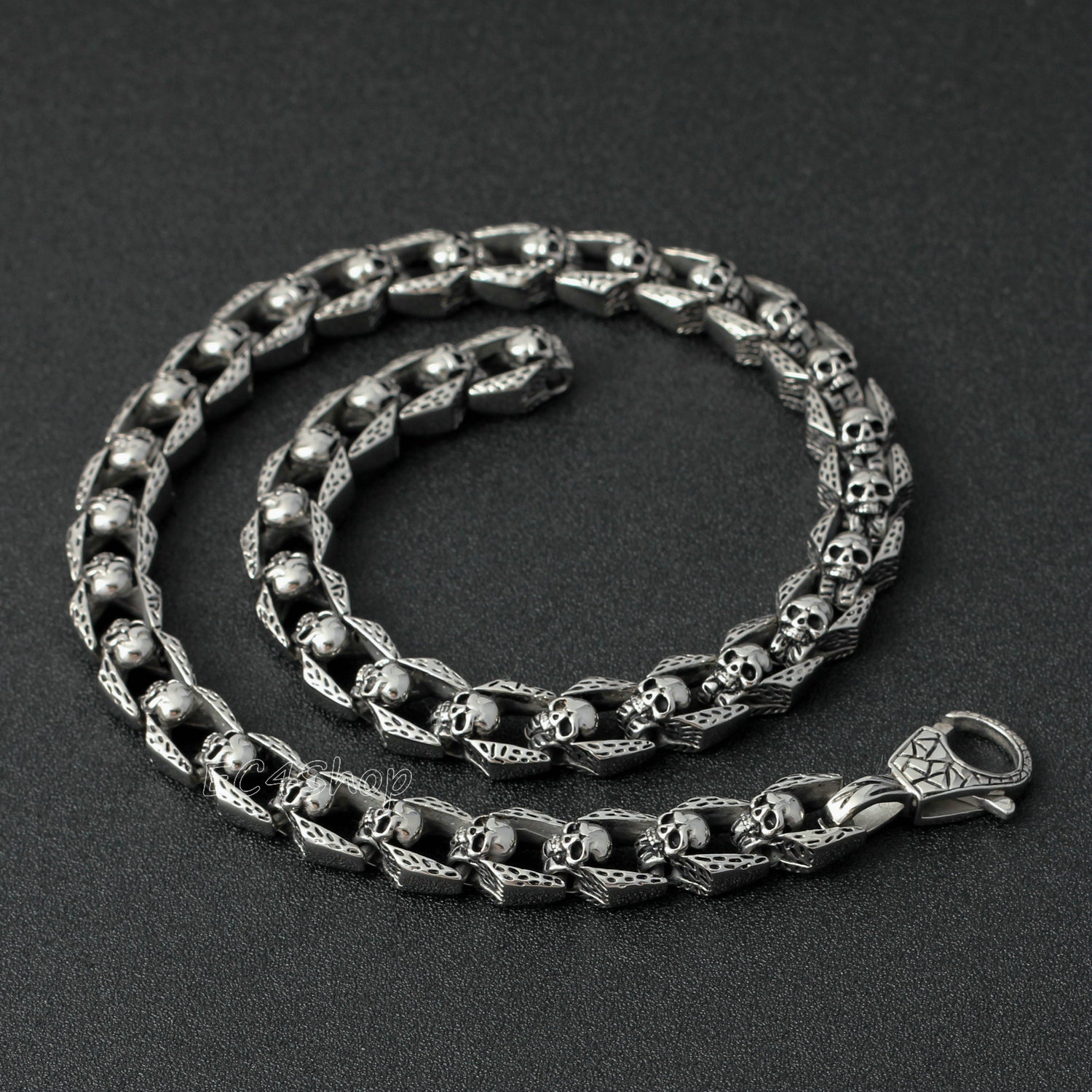 Retro Punk Goth Gothic Skull Chain Link Biker Silver Stainless Steel ...