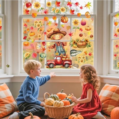 9 Sheets Fall Window Clings, Double Sided Autumn Pumpkin Maple Leaves ...