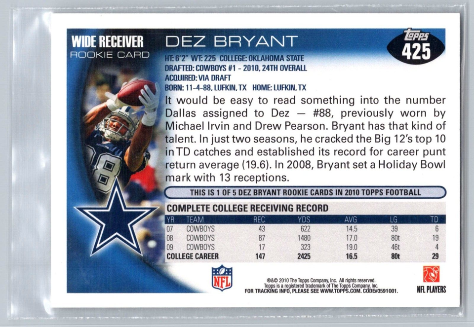 2010 TOPPS ROOKIE CARD # 425 Dez Bryant - Dallas Cowboys | eBay