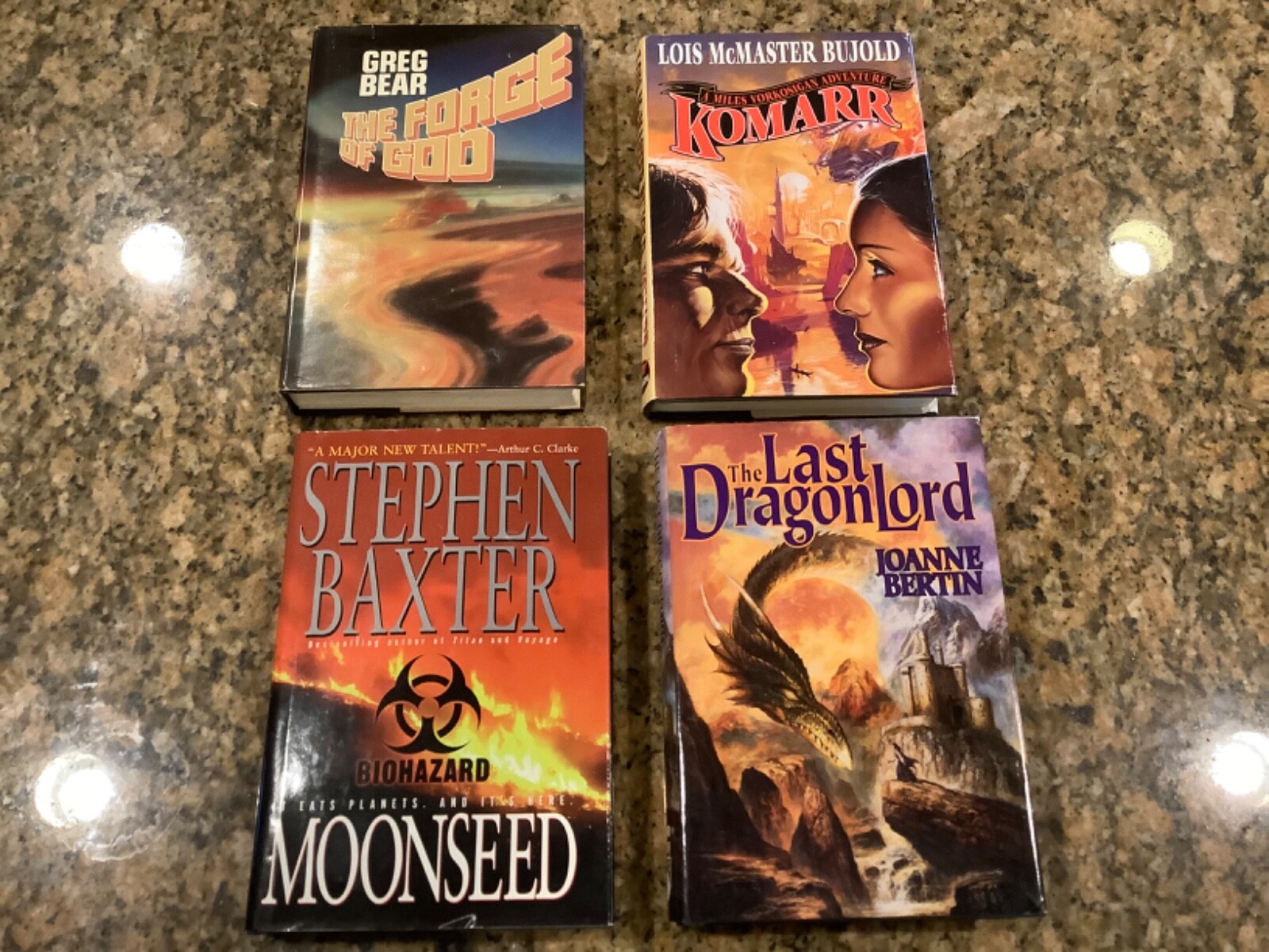 LOT OF 4 Sci-Fi HARDCOVER BOOKS. moonseed, forge of God, Komarr, last ...