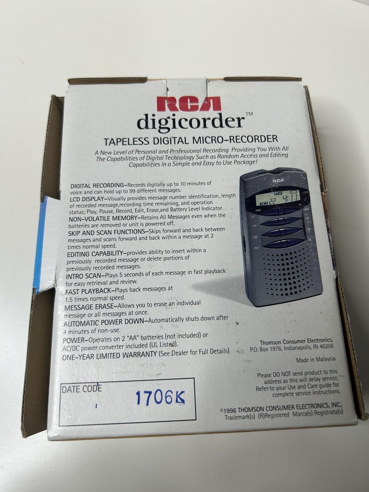 RCA Digicorder Tapeless Digital Micro-Recorder RP5810 AC Supply 1996 ...