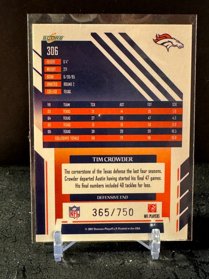 2007 Score Football Tim Chowder Scorecard Rookie RC Card #306 #365/750 ...