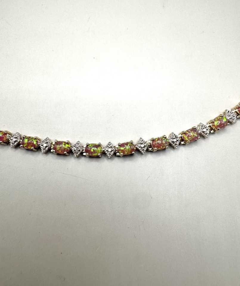 FAS Sterling Silver Vermeil Pink Green Opal And Diamond Tennis Bracelet ...