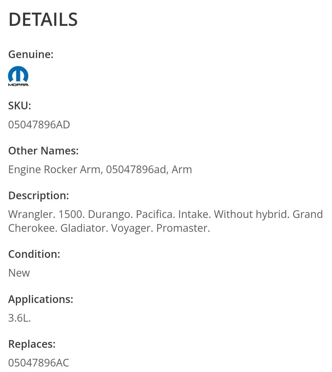 2016-2025 Mopar Valve Rocker-Arm (5047896AD) Intake | 5047896AD ...