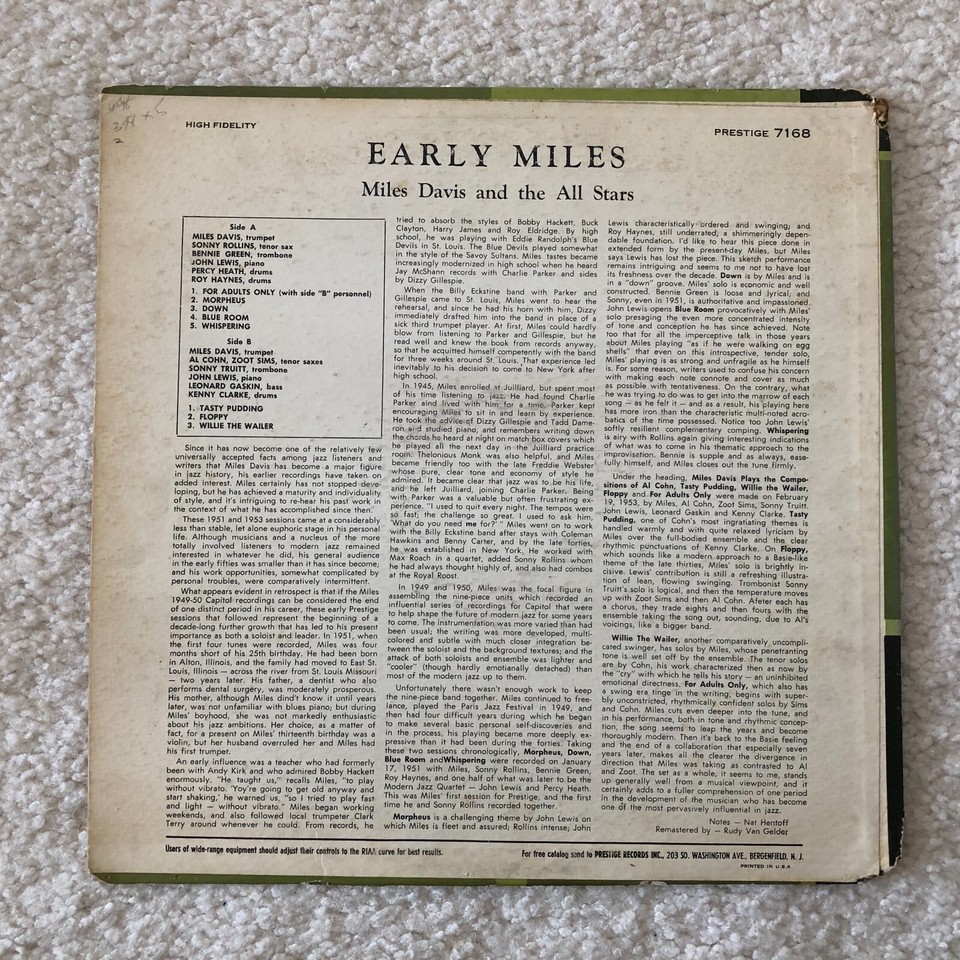 Miles Davis " Early Miles 1951 & 1953 " prestige 7168 / RVG | eBay