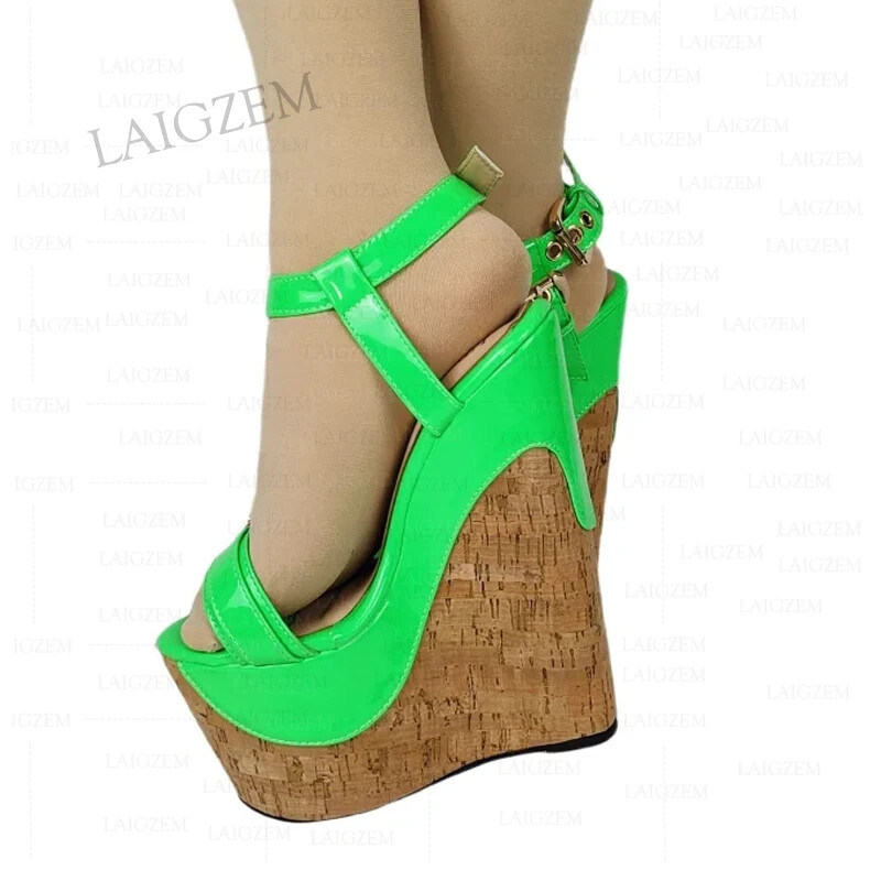 Women Sandals Platform 17CM High Heels Wedges Buckle Straps Shiny Shoes ...