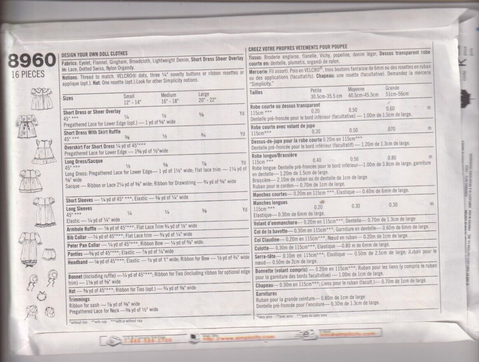 8960 SIMPLICITY Crafts - Design your own DOLL Clothes- Sz S12/14" M1618 ...