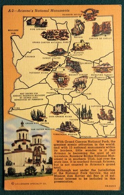 ARIZONA State Map Postcard "Arizona's National Monuments" Linen | eBay