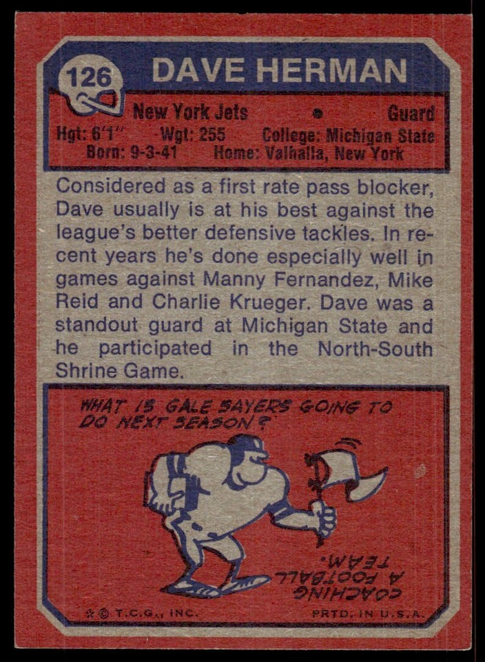 1973 TOPPS DAVE HERMAN 4 NEW YORK JETS #126 | eBay