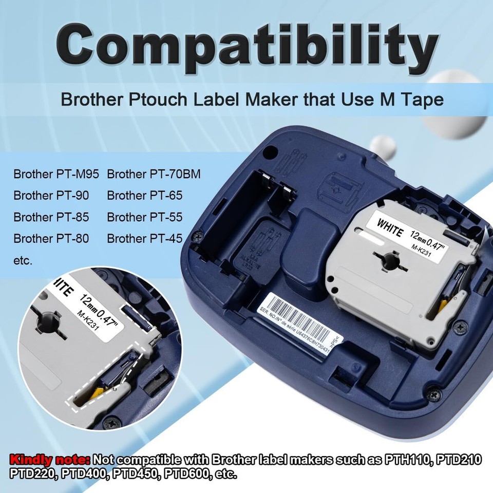 4PK Compatible M-K231 Label Tape Brother Tape M231 MK231 M-231 M-K231s ...