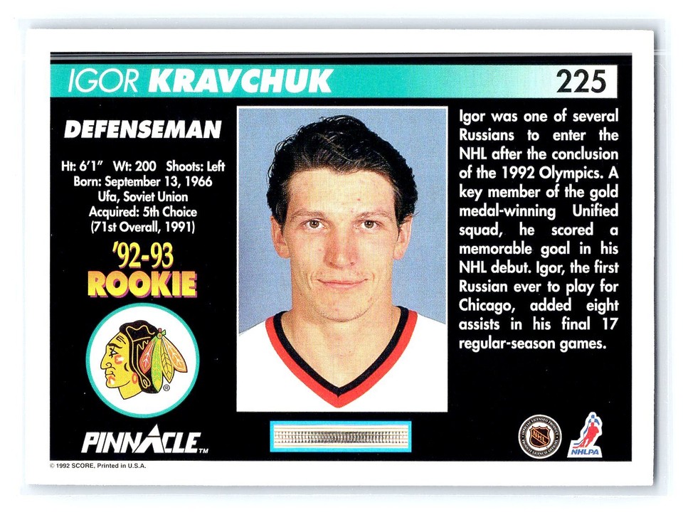 1992 Pinnacle Canadian Hockey #225 Igor Kravchuk Chicago Blackhawks | eBay