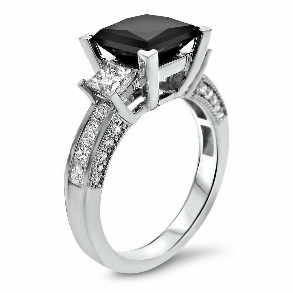 4Ct Princess Cut Lab Created Black Diamond Engagement Ring 18K White ...