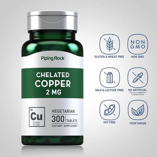 Chelated Copper 2 mg | 300 Tablets | Non-GMO, Gluten Free | By Piping ...