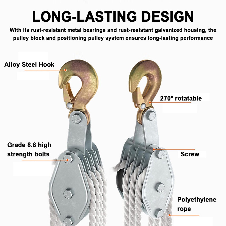 3-wheel Rope Pulley Hoist 2200 LB Lifting Pulley Block &Tackle System ...