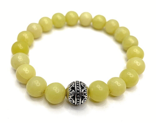 Natural Lemon Jade Gemstone & .925 Silver Bali Bead Mood 10mm Bracelet ...